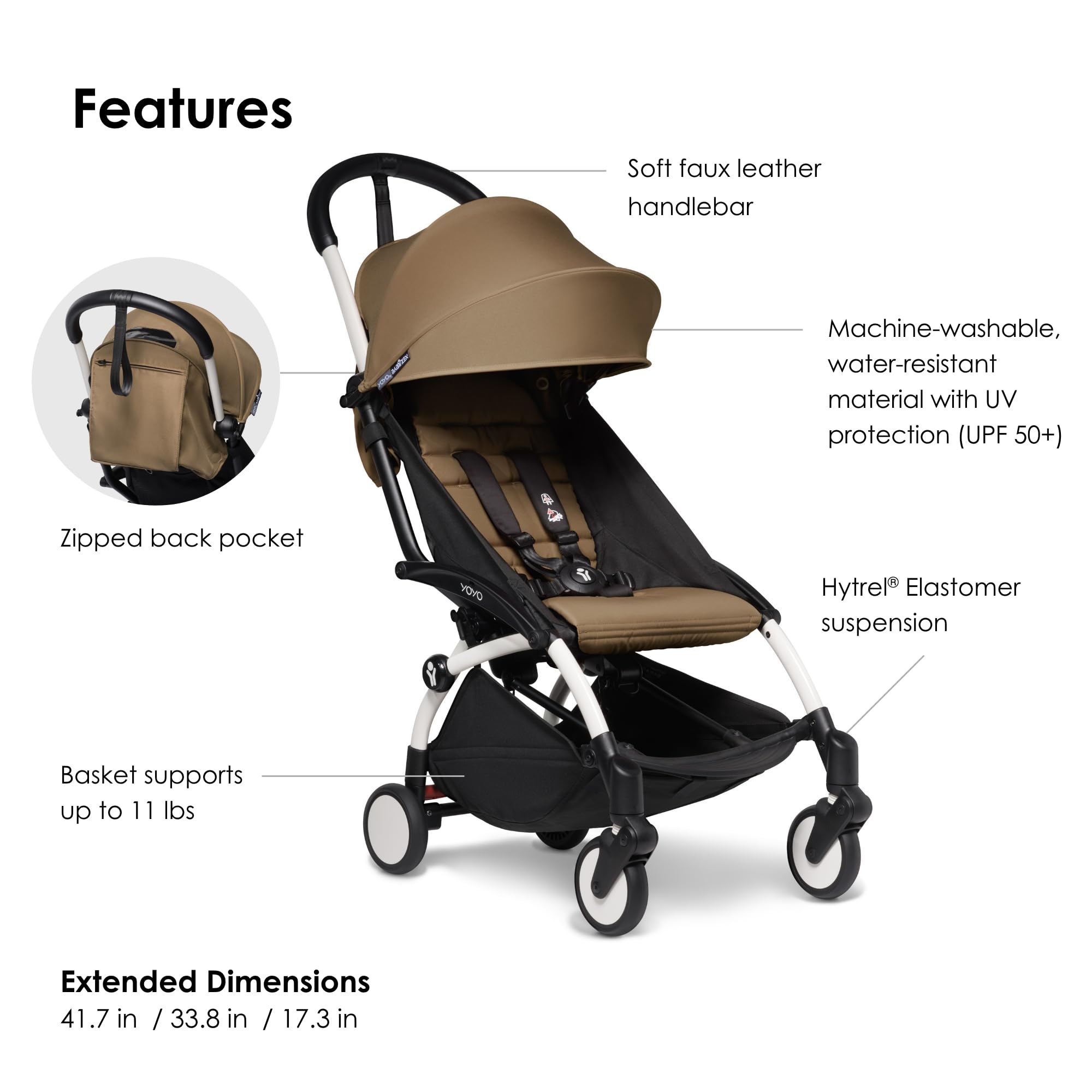 BABYZEN YOYO2 Stroller - Lightweight & Compact - Includes White Frame, Toffee Seat Cushion + Matching Canopy - Suitable for Children Up to 48.5 Lbs