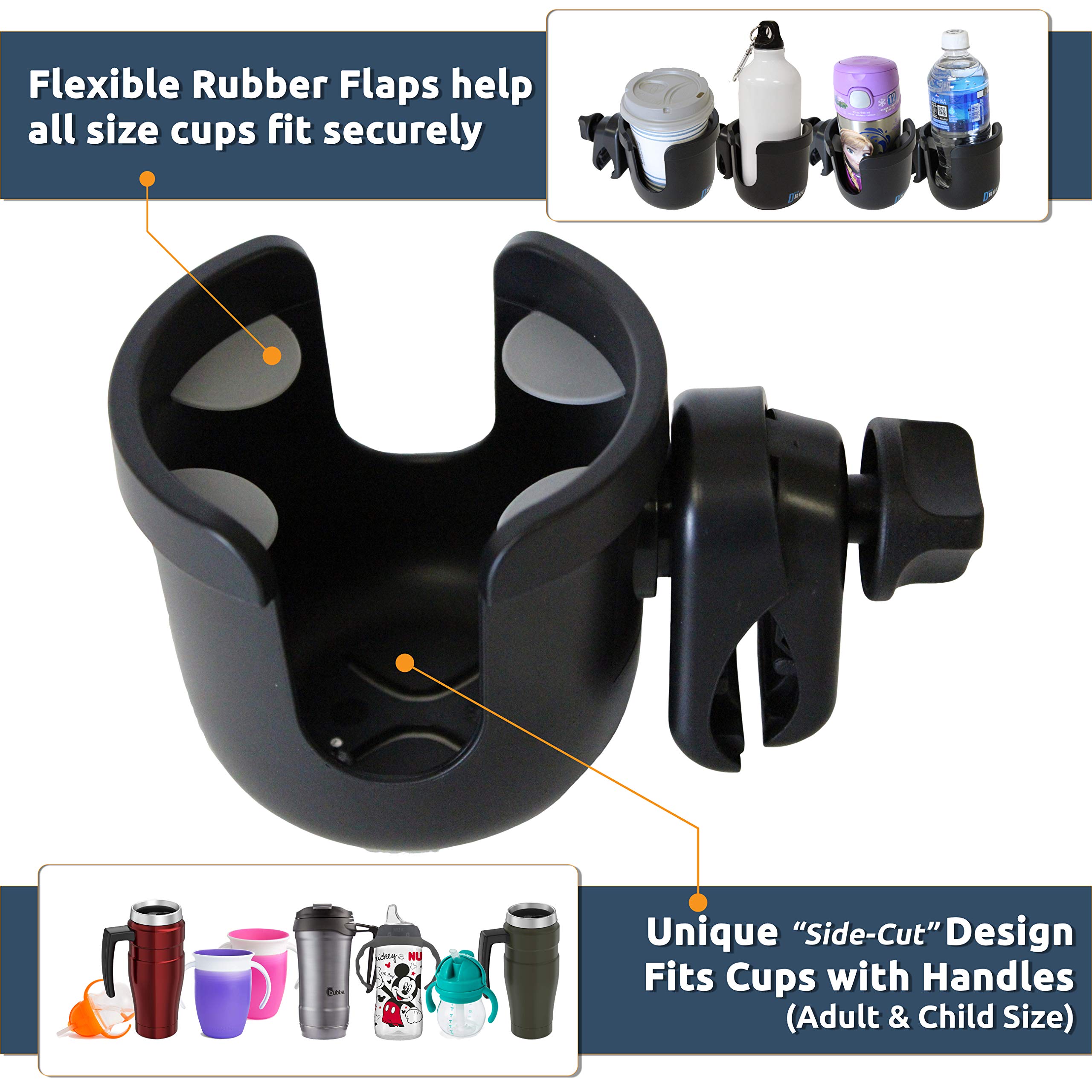 W4W Universal Stroller Cup Holder – Mega Strength Adjustable Clamp fits on Any Bike, Walker, Wheel Chair, Car – Large Adjustable Drink Holder fits Any Size Cup, Water Bottle, Can etc.