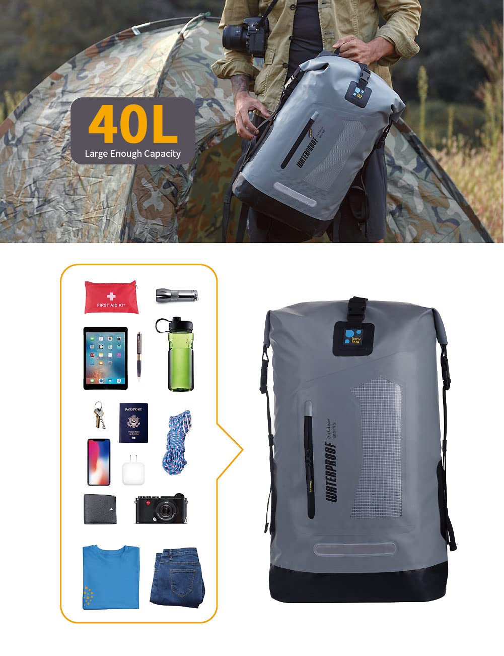 IDRYBAG Waterproof Backpack Dry Bag 20L/30L/40L, Floating Dry Backpack Waterproof for Men, Dry Sack Waterproof Bag for Backpacking Kayak