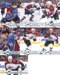 2019-20 upper deck series 1 & 2 veteran colorado avalanche team set of 13 cards: nathan mackinnon(#130), samuel girard(#131), matt calvert(#132), tyson jost(#133), j.t. compher(#134), philipp grubauer(#135), joonas donskoi(#380), nazem kadri(#381), mikko