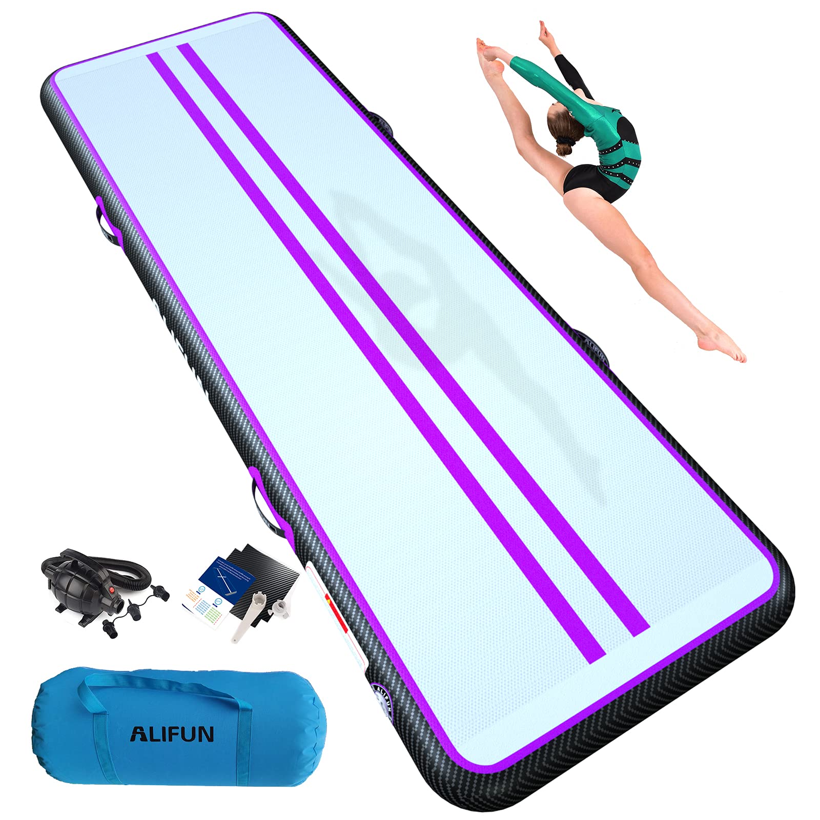 ALIFUN Inflatable Tumbling Track Mat 6.6ft 10ft 13ft 16ft 20ft 30ft 40ft Length 4/8 Inches Thick 3.3ft/6.6ft Wide Flooring Training Mats for Gymnastics Team Sports with Electric Air Pump