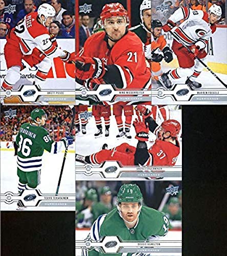 2019-20 Upper Deck Series 1 & 2 Veteran Carolina Hurricanes Team Set of 12 Cards: Andrei Svechnikov(#53), Teuvo Teravainen(#54), Warren Foegele(#55), Nino Niederreiter(#56), Dougie Hamilton(#57), Brett Pesce(#58), Sebastian Aho(#304), Ryan Dzingel(#305),