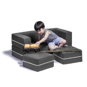 jaxx zipline modular kids loveseat & ottomans/fold out lounger, charcoal