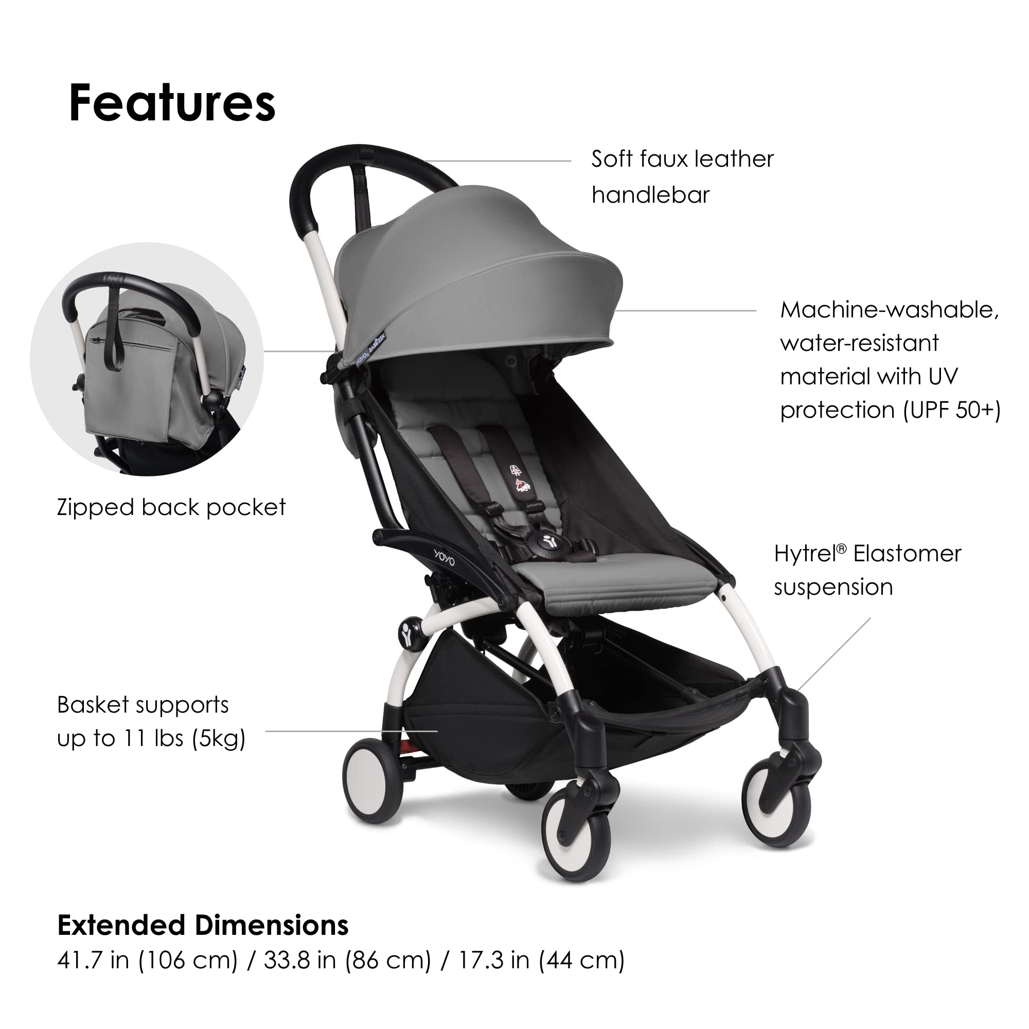 BABYZEN YOYO2 Stroller - Lightweight & Compact - Includes White Frame, Grey Seat Cushion + Matching Canopy - Suitable for Children Up to 48.5 Lbs