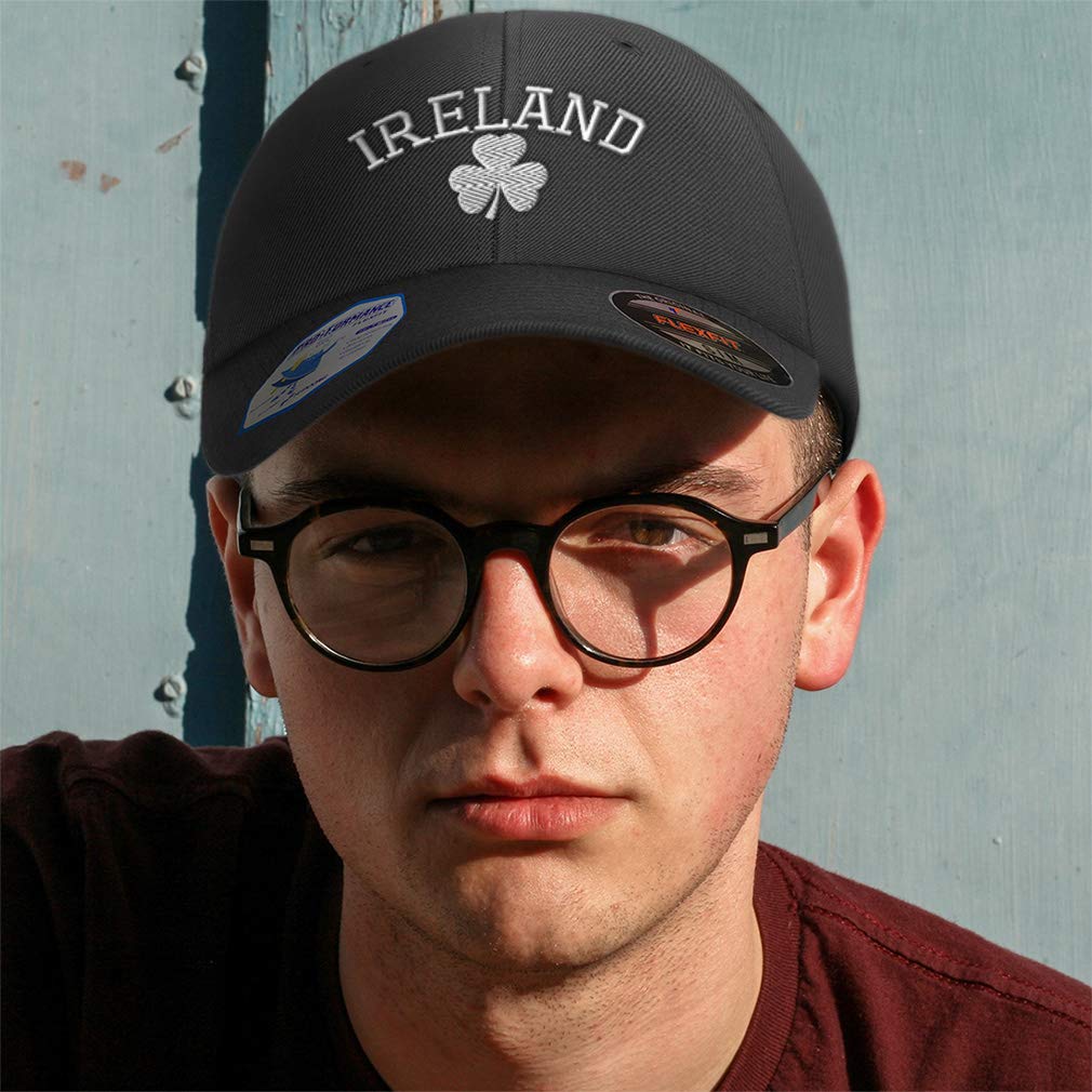 Flexfit Hats for Men & Women Ireland Shamrock White Embroidery Polyester Dad Hat Baseball Cap Dark Navy Large XLarge