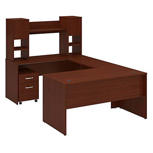 Bush Furniture Commerce 60W U Shaped Desk with Hutch and Mobile File Cabinet in Autumn Cherry