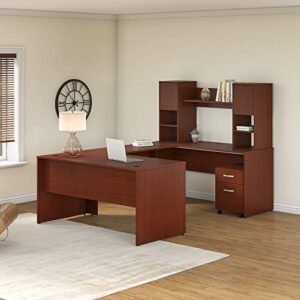 Bush Furniture Commerce 60W U Shaped Desk with Hutch and Mobile File Cabinet in Autumn Cherry