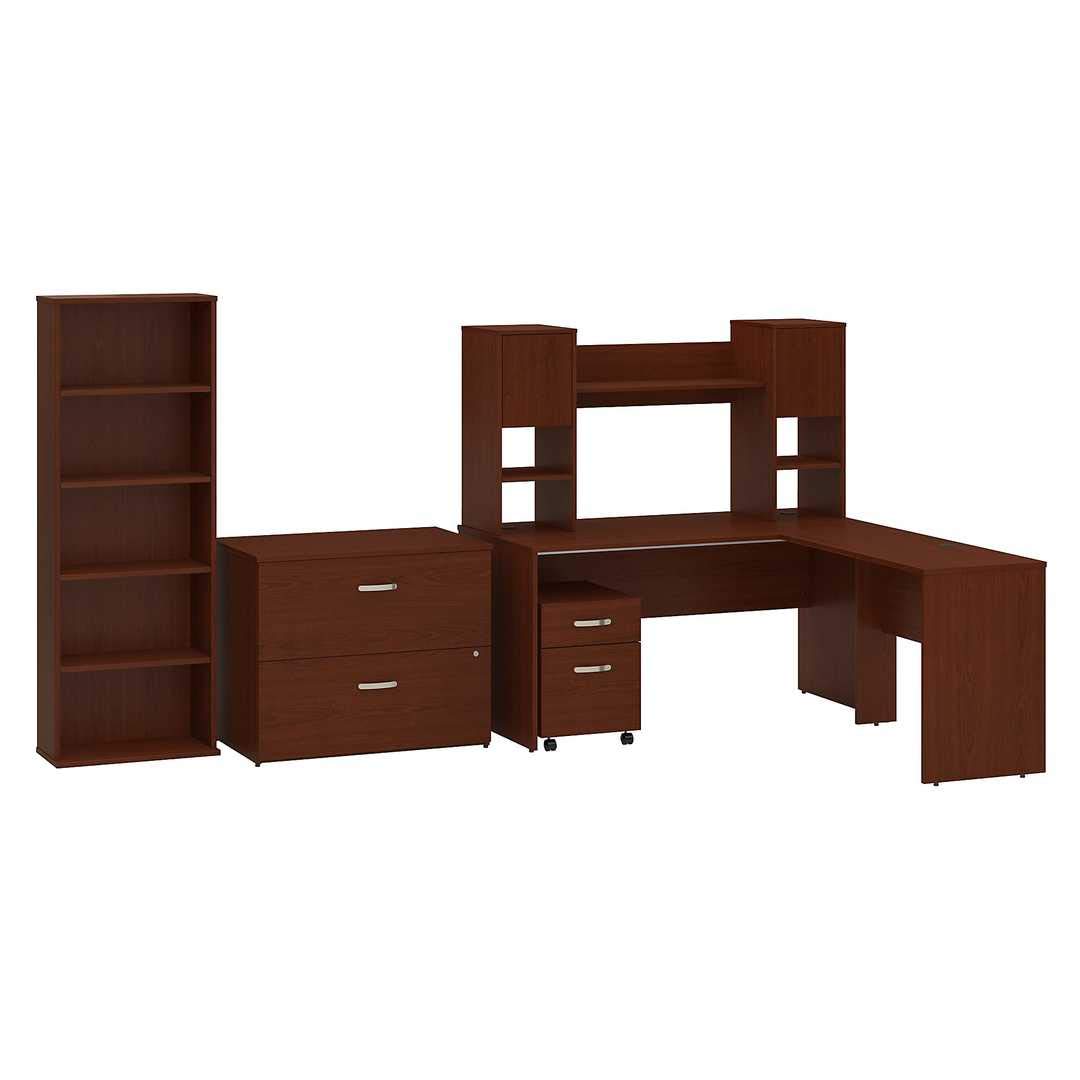 Bush Furniture Commerce 60W L Shaped Desk with Hutch, File Cabinets and Bookcase in Autumn Cherry