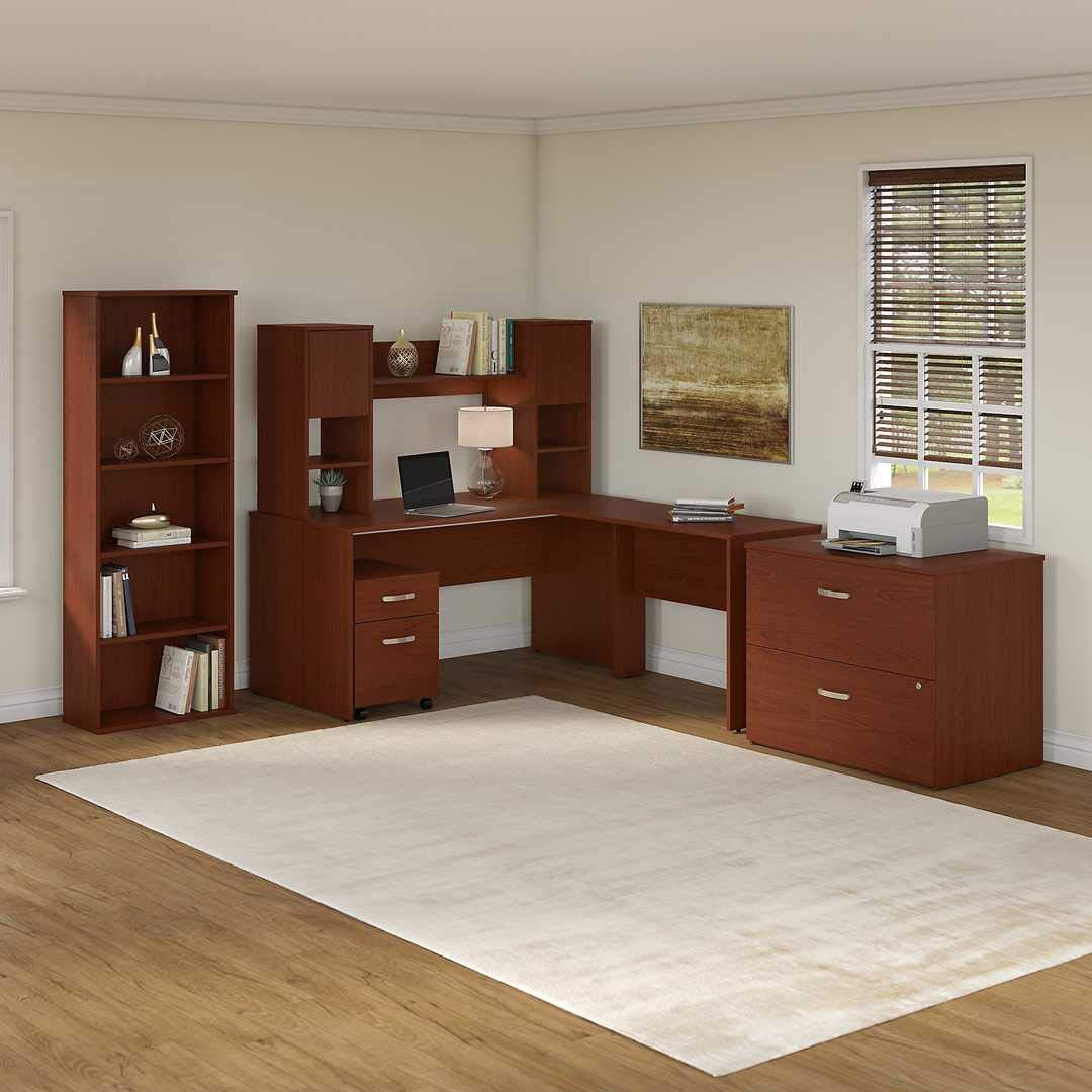 Bush Furniture Commerce 60W L Shaped Desk with Hutch, File Cabinets and Bookcase in Autumn Cherry