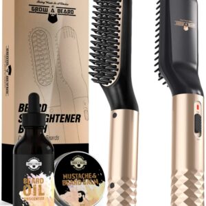 Beard Straightener for Men, Plus Beard Growth Oil & Beard Balm Conditioner, Upgraded Ionic Beard Straightening Comb, Heated Hair Brush, Perfect Christmas Gifts for Men, Beard Guide E-Book Included