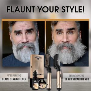 Beard Straightener for Men, Plus Beard Growth Oil & Beard Balm Conditioner, Upgraded Ionic Beard Straightening Comb, Heated Hair Brush, Perfect Christmas Gifts for Men, Beard Guide E-Book Included