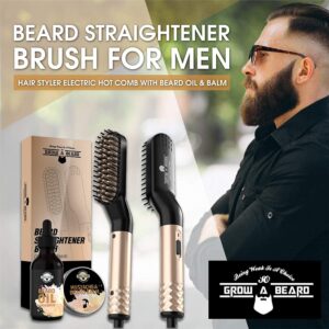 Beard Straightener for Men, Plus Beard Growth Oil & Beard Balm Conditioner, Upgraded Ionic Beard Straightening Comb, Heated Hair Brush, Perfect Christmas Gifts for Men, Beard Guide E-Book Included