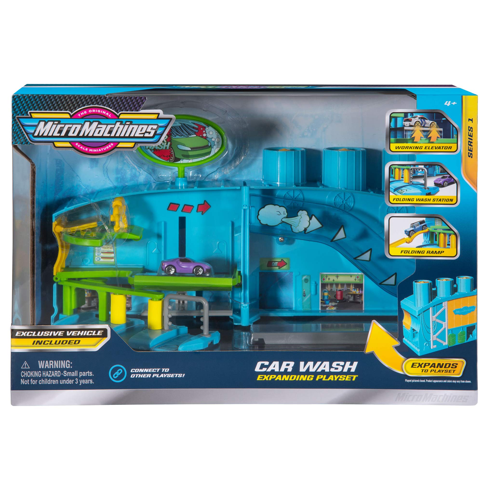 Micro Machines Core Playset, Car Wash Station - Expandable and Connectable to Other MM Sets, Includes One Exclusive Vehicle - Collect Them All