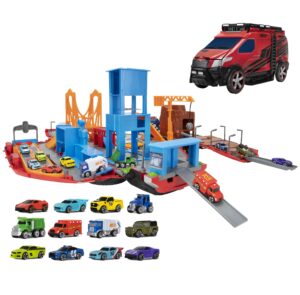 micro machines super van city playset - includes 12 mm vehicles, working bridge, construction site, high rise building, drag strip, ramps - collect them all