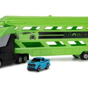 Micro Machines Mini Vehicle Hauler in Green - Includes One Exclusive MM Car - Open The Top of The Trailer/Lower The Back Ramp, Load Up to Eight Cars - Collect Them All