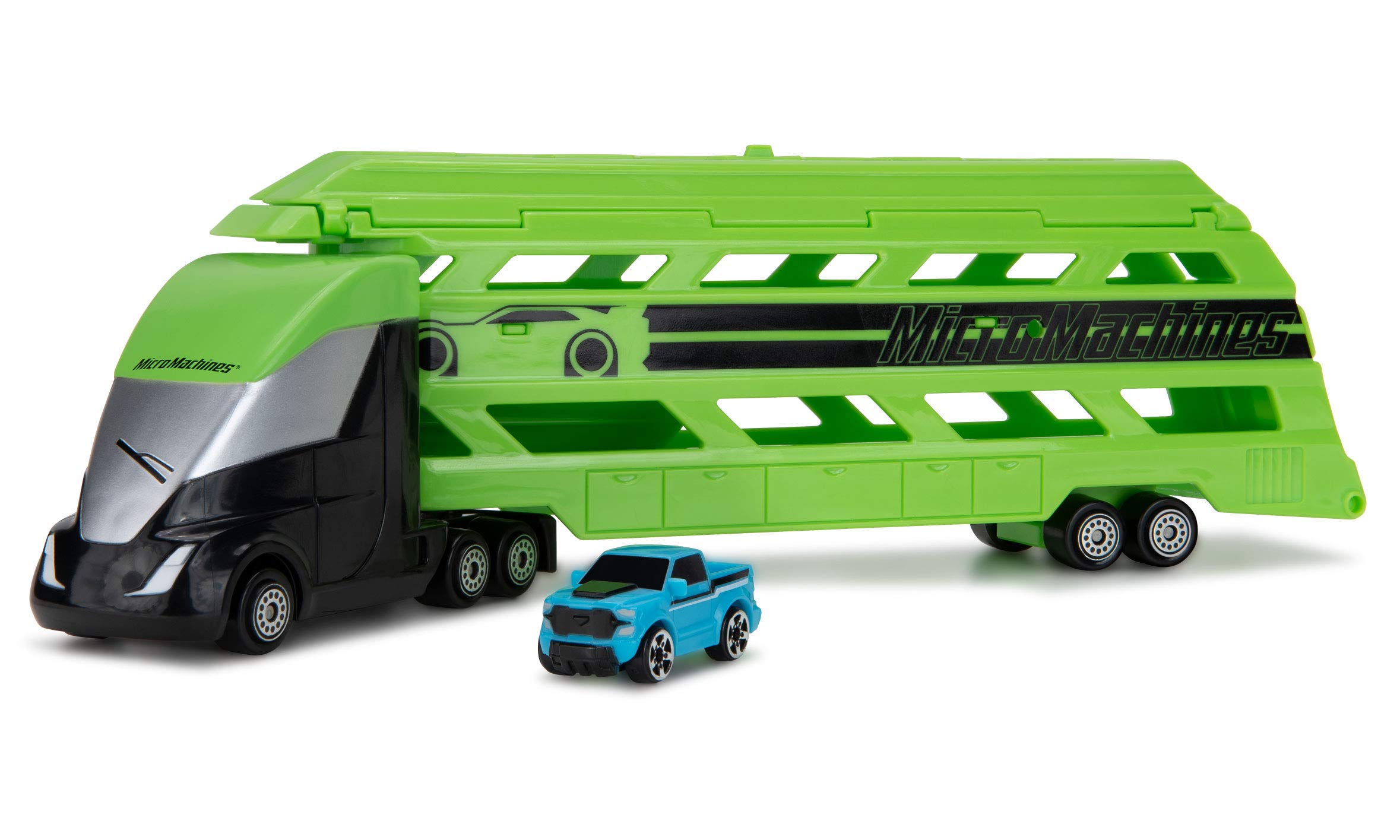 Micro Machines Mini Vehicle Hauler in Green - Includes One Exclusive MM Car - Open The Top of The Trailer/Lower The Back Ramp, Load Up to Eight Cars - Collect Them All