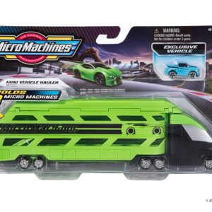 Micro Machines Mini Vehicle Hauler in Green - Includes One Exclusive MM Car - Open The Top of The Trailer/Lower The Back Ramp, Load Up to Eight Cars - Collect Them All