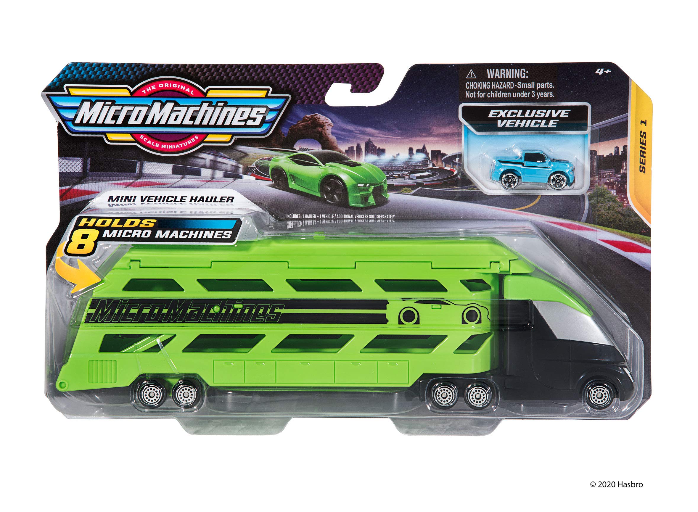 Micro Machines Mini Vehicle Hauler in Green - Includes One Exclusive MM Car - Open The Top of The Trailer/Lower The Back Ramp, Load Up to Eight Cars - Collect Them All