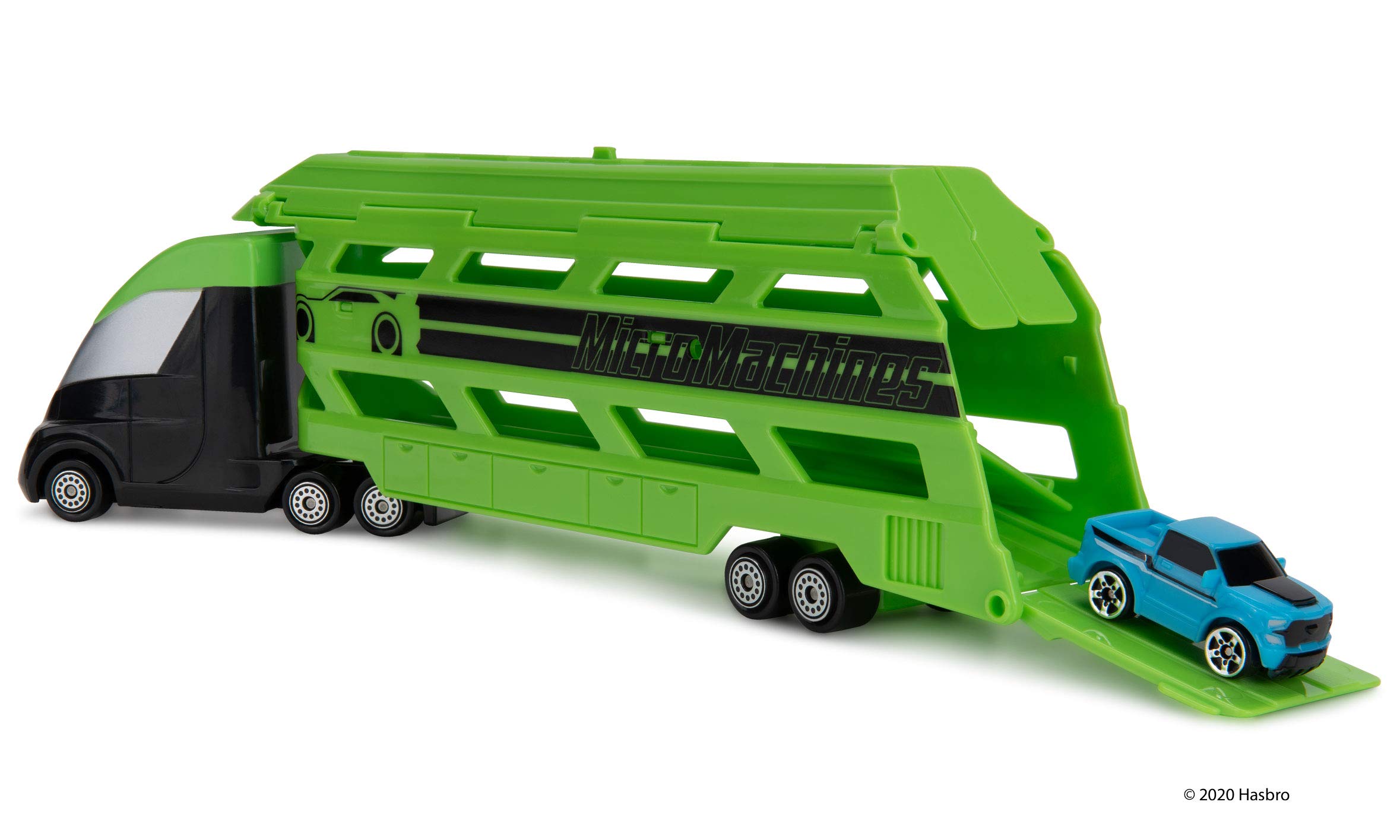 Micro Machines Mini Vehicle Hauler in Green - Includes One Exclusive MM Car - Open The Top of The Trailer/Lower The Back Ramp, Load Up to Eight Cars - Collect Them All