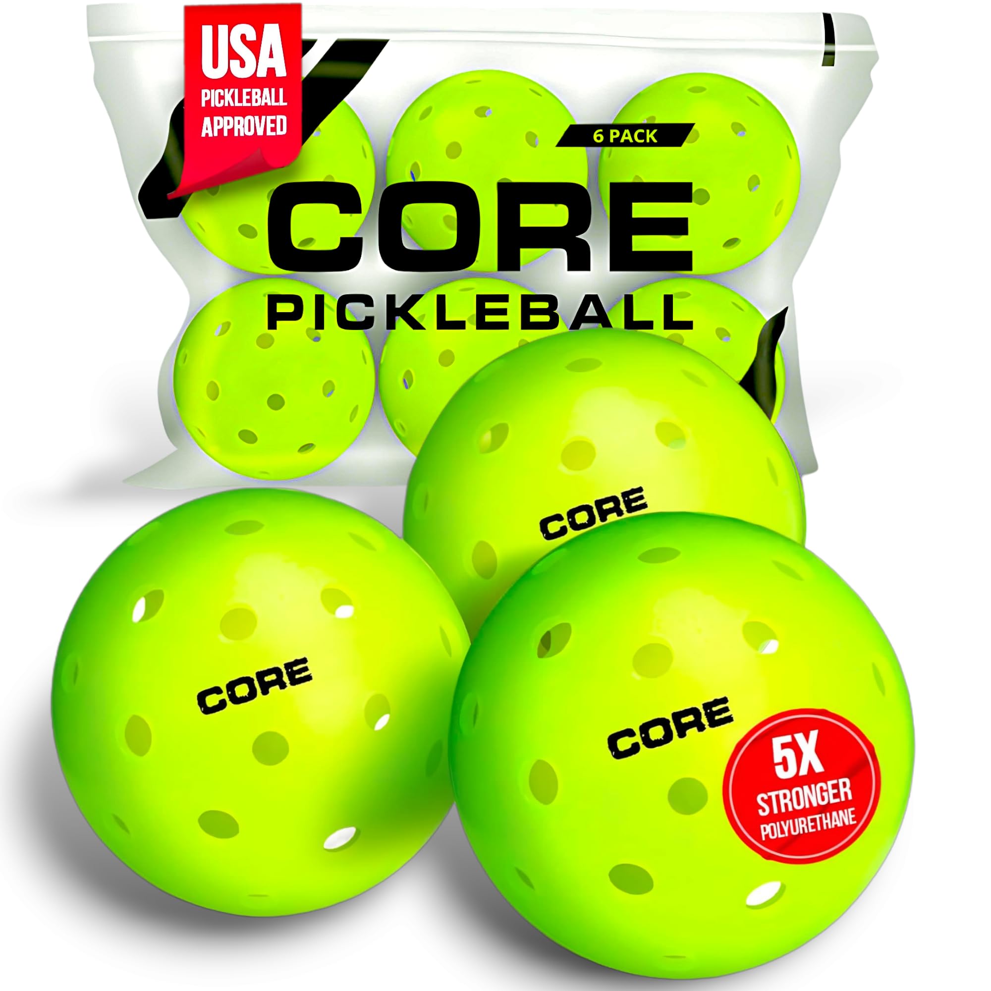 CORE Pickleball Balls for Professionals and All Levels of Play, USA Pickleball Approved Durable Outdoor Pickleball Balls with 40 Holes (6 Pack FBM)