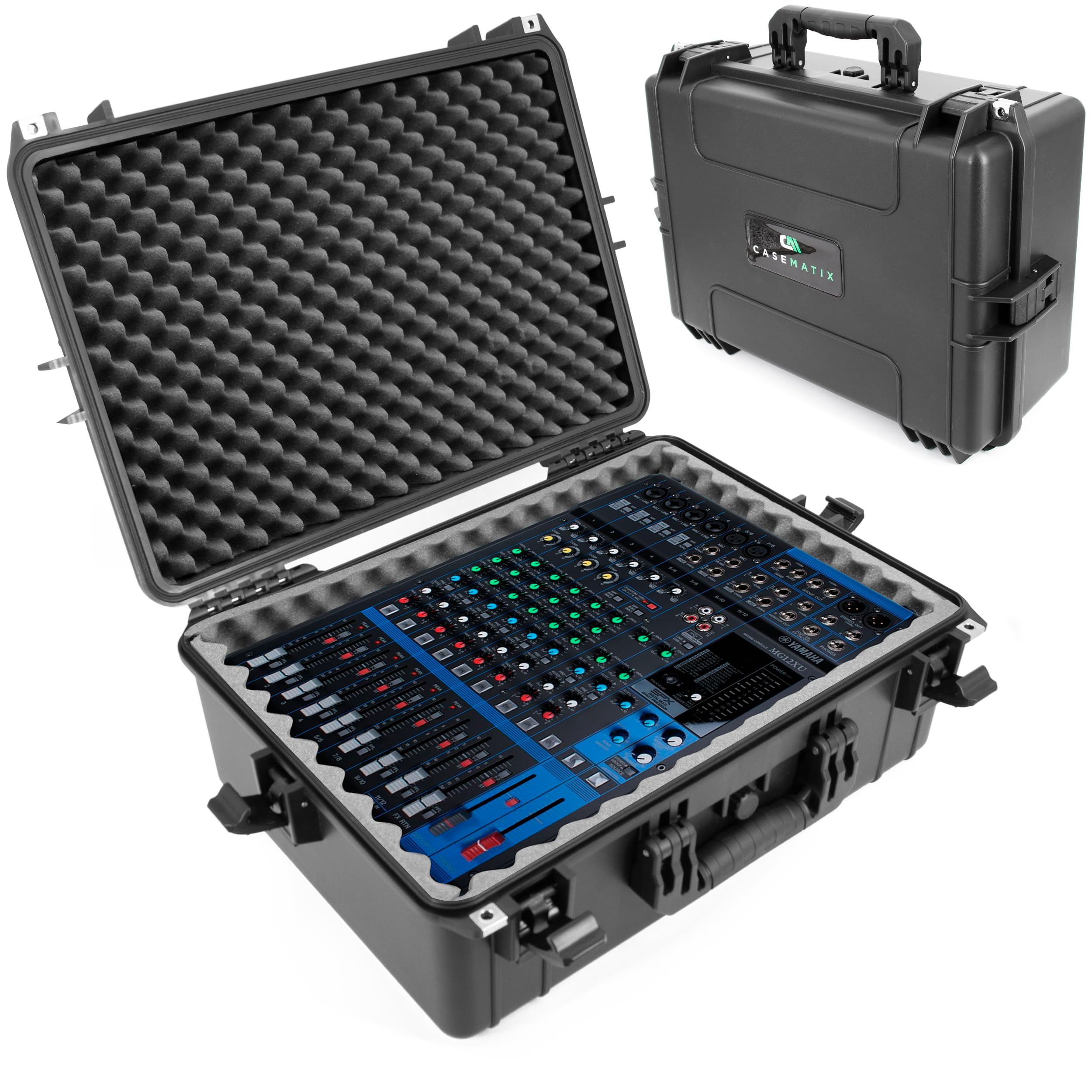 CASEMATIX Waterproof Mixer Carry Case Compatible with Yamaha MG12XU 12 Channel Mixing Console and More - Hard Shell Sound Board Case with Foam Fits Mixers up to 17" x 12.1" x 5" and Cables, Case Only