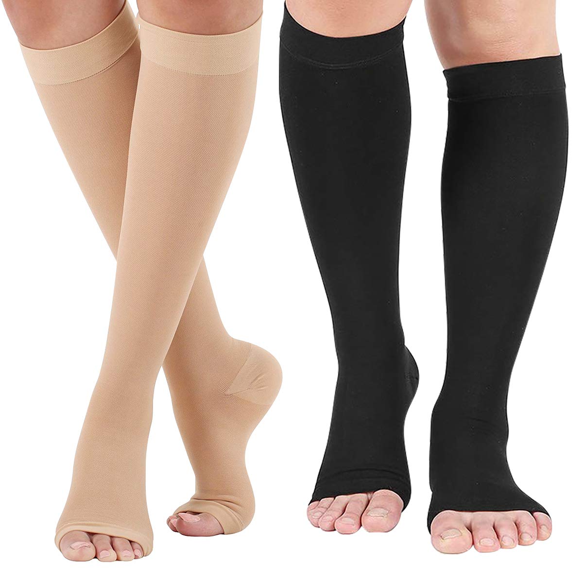 MEILYLA Open Toe Compression Socks 20-30 mmHg Knee High Support Stockings for Men Women Beige & Black