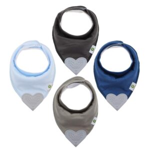 pickle & olive baby bandana teething bibs with attached silicone teether - set of 4 -solid blues