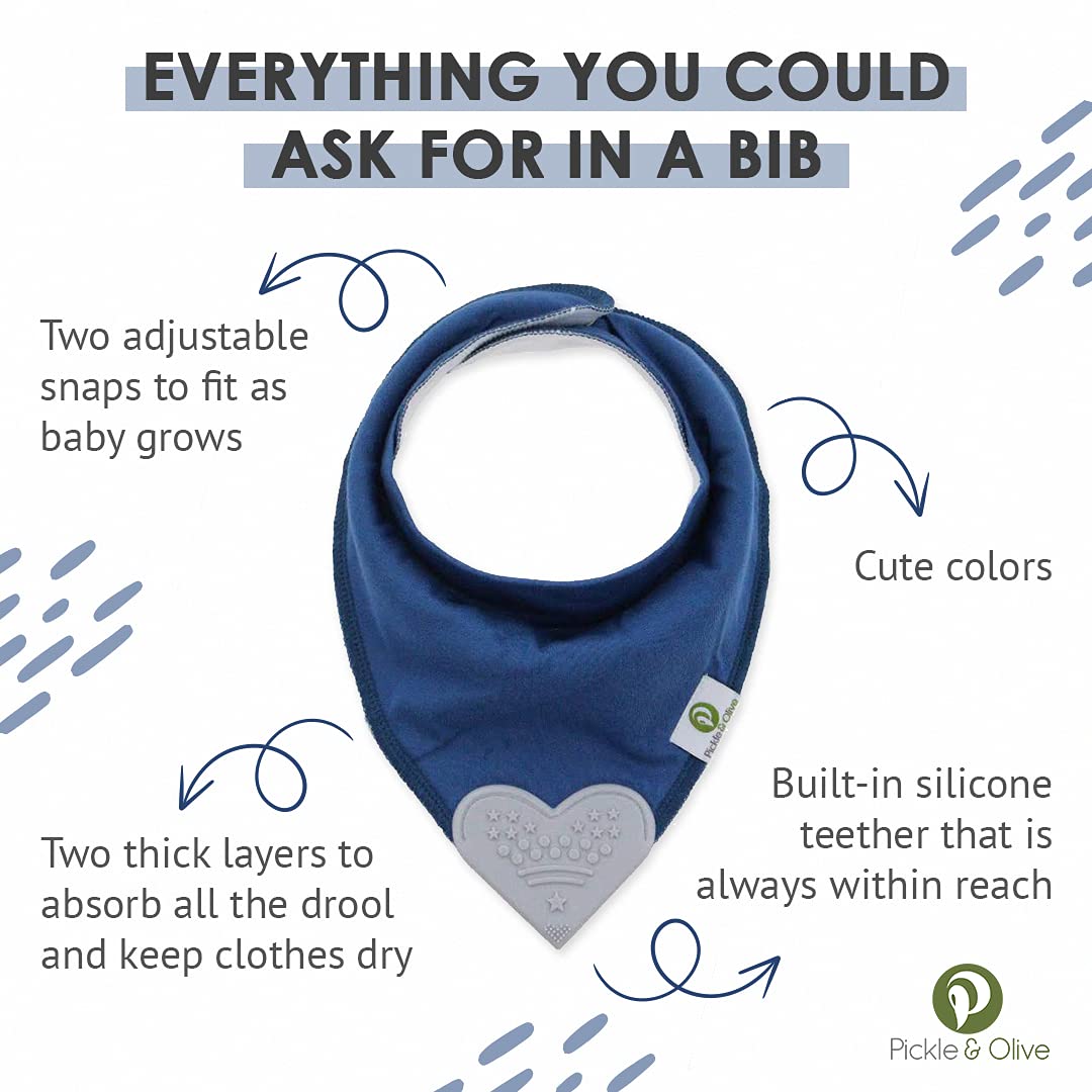 Pickle & Olive Baby Bandana Teething Bibs with Attached Silicone Teether - Set Of 4 -Solid Blues