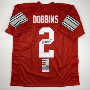 autographed/signed jk j.k. dobbins ohio state red college football jersey jsa coa