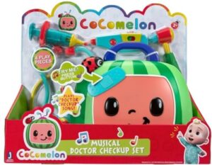 cocomelon official musical checkup case, plays clips from ‘doctor checkup’ song – includes 4 themed medical doctor accessories (thermometer, syringe, stethoscope, and more) for fun role play, green