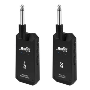 Moukey 5.8GHz Wireless Guitar System Digital Electric Guitar Transmitter Receiver 4 Channels Transmission Range High Frequency Battery Rechargeable for Electric Guitar Bass (Black) -MWS-02