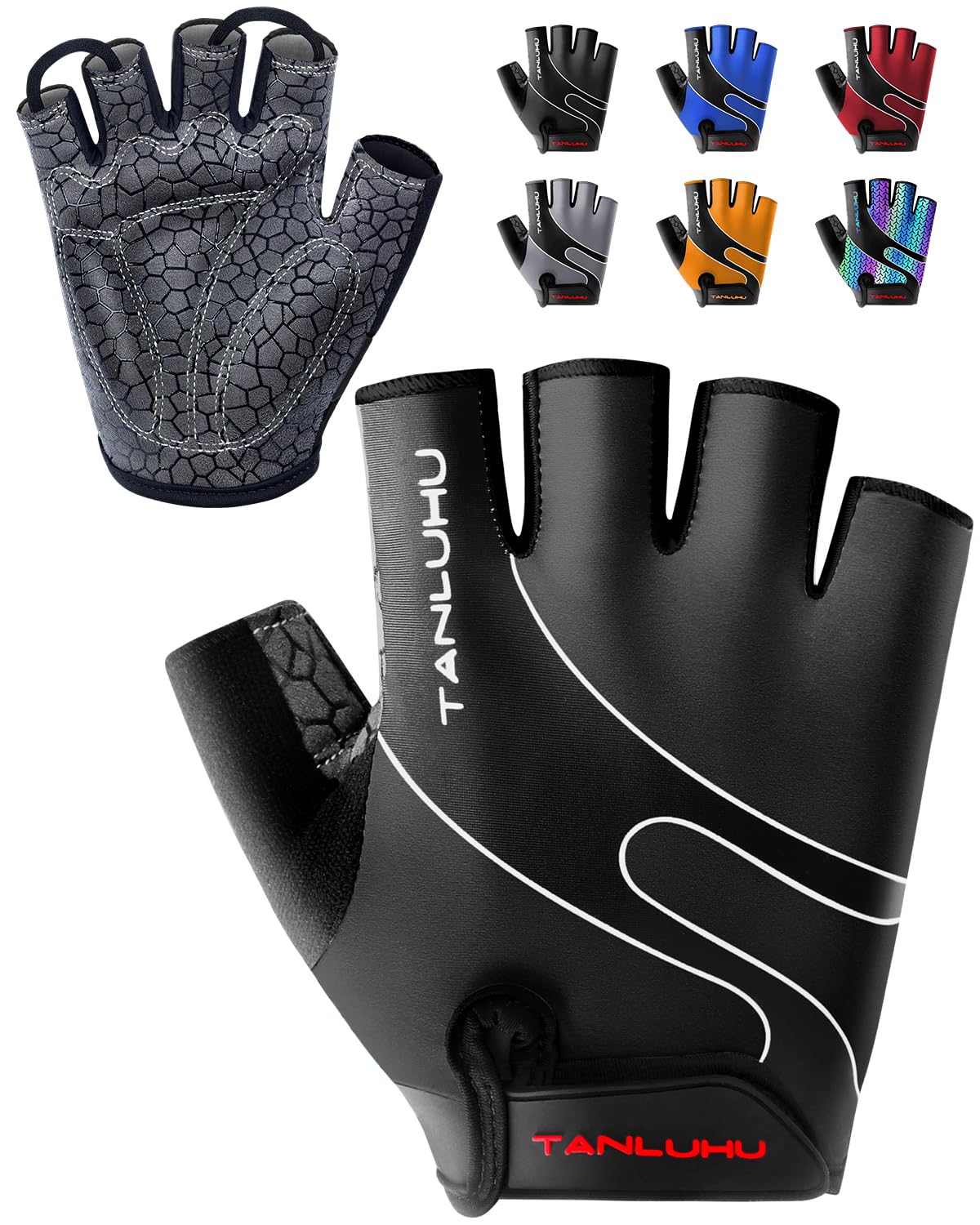 Tanluhu Cycling Gloves Mountain Bike Gloves Half Finger Road Racing Riding Gloves Breathable Shock-Absorbing Biking Gloves for Men and Women (Black, L)