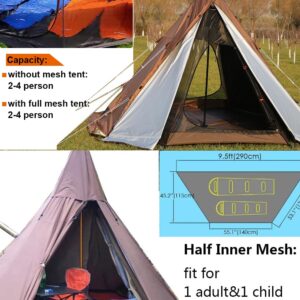 WINTENT 4 Season Teepee Tent with Stove Jack for Camping Hiking, Height 7.8FT/240CM (Brown, with Half Mesh Tent)