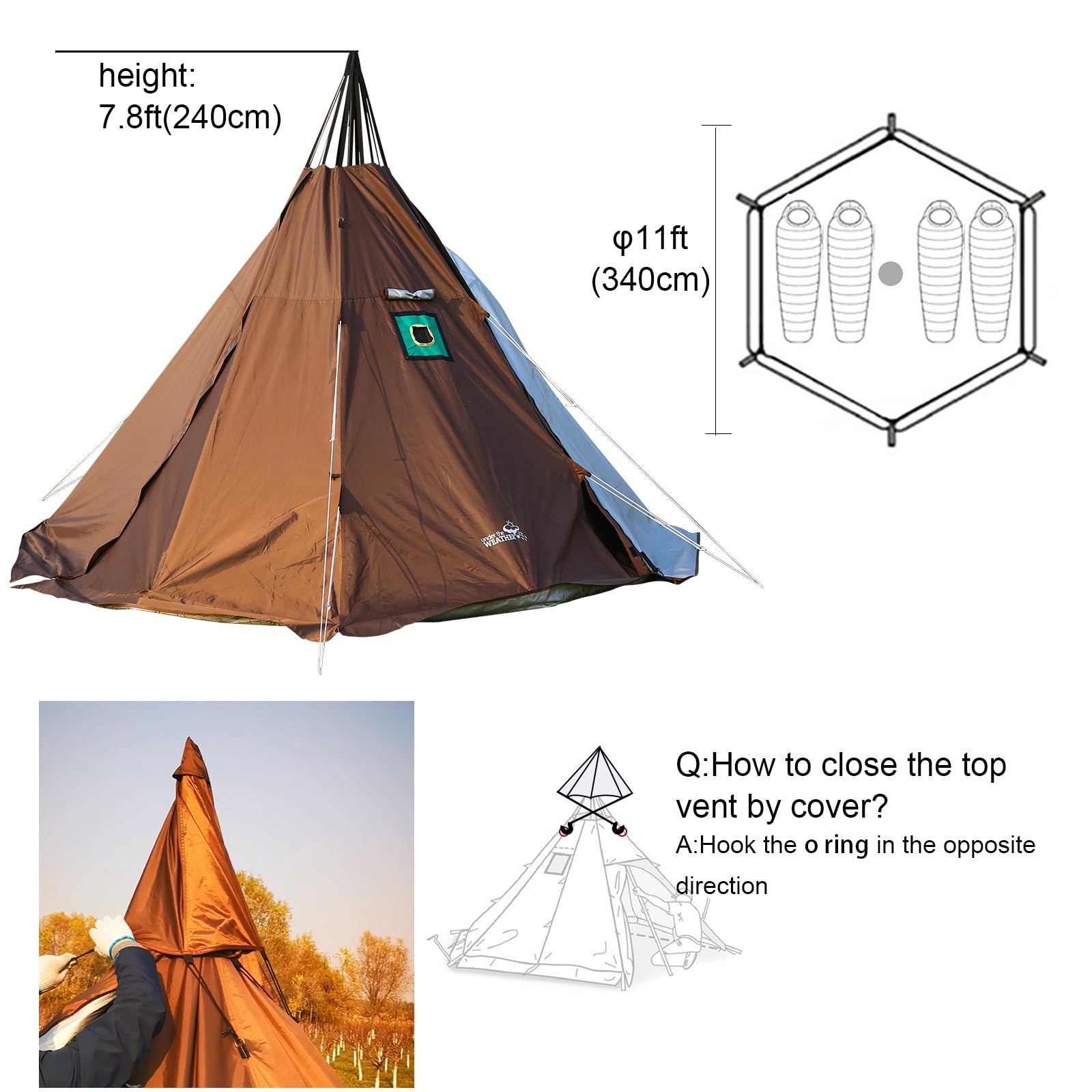 WINTENT 4 Season Teepee Tent with Stove Jack for Camping Hiking, Height 7.8FT/240CM (Brown, with Half Mesh Tent)