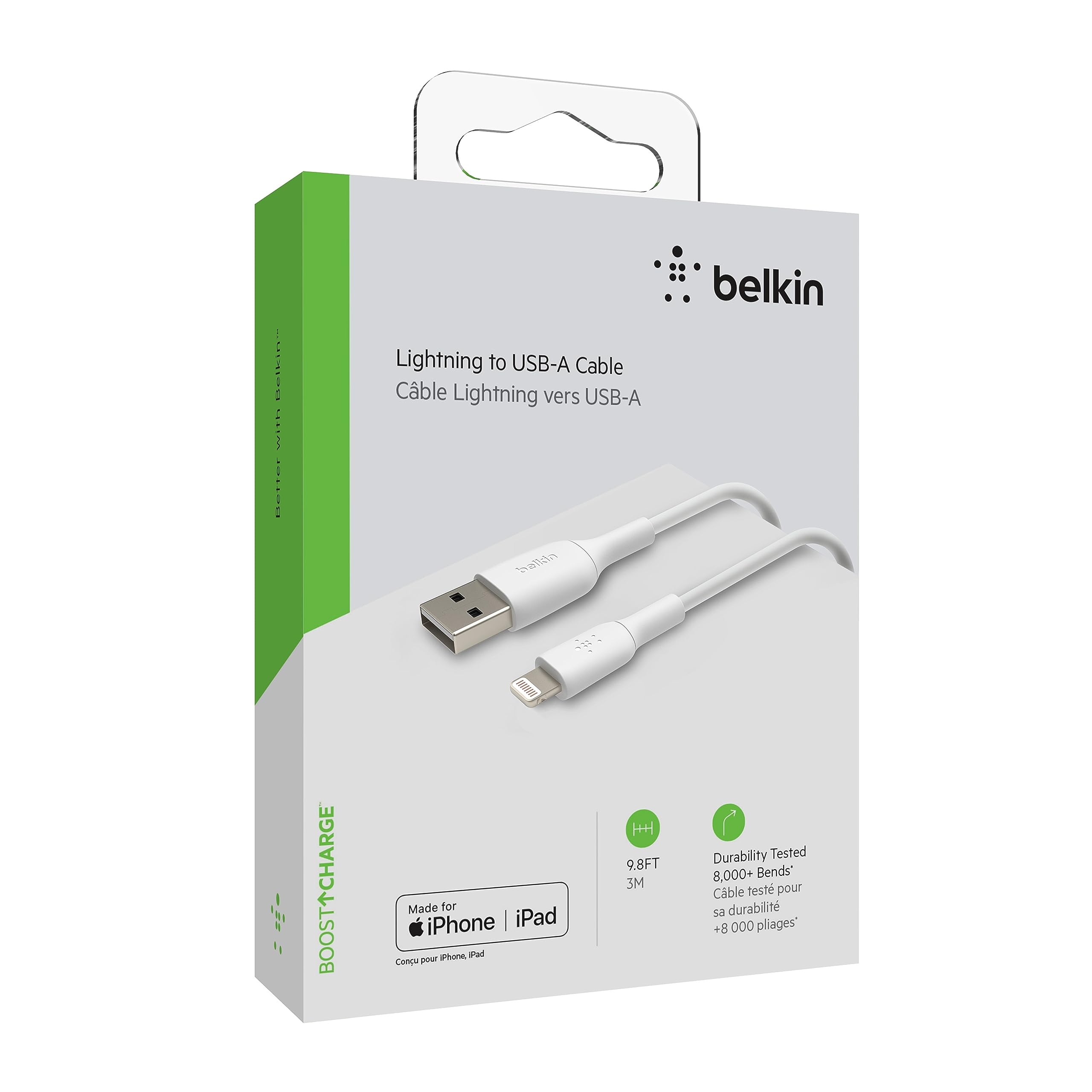 Belkin BoostCharge Lightning Cable - 9.8ft/3M - MFi Certified Apple iPhone Charger USB to Lightning Cable - iPhone Cable - iPhone Charger Cord - Apple Charger - USB Phone Charger - White