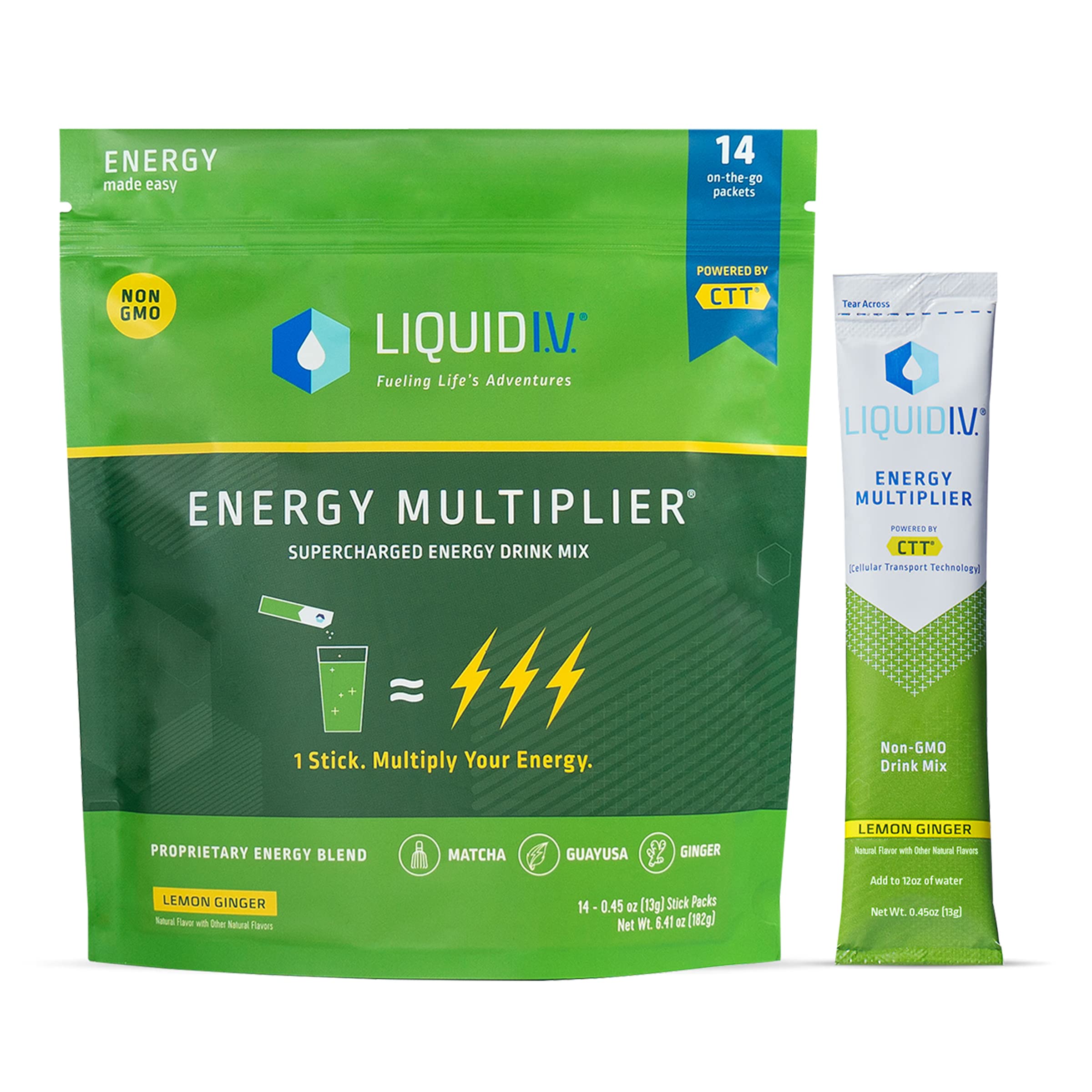 Liquid I.V.® Hydration Multiplier® +Energy - Lemon Ginger - Hydration Powder Packets | Electrolyte Powder Drink Mix | Convenient Single-Serving Sticks | Non-GMO | 1 Pack (14 Servings)