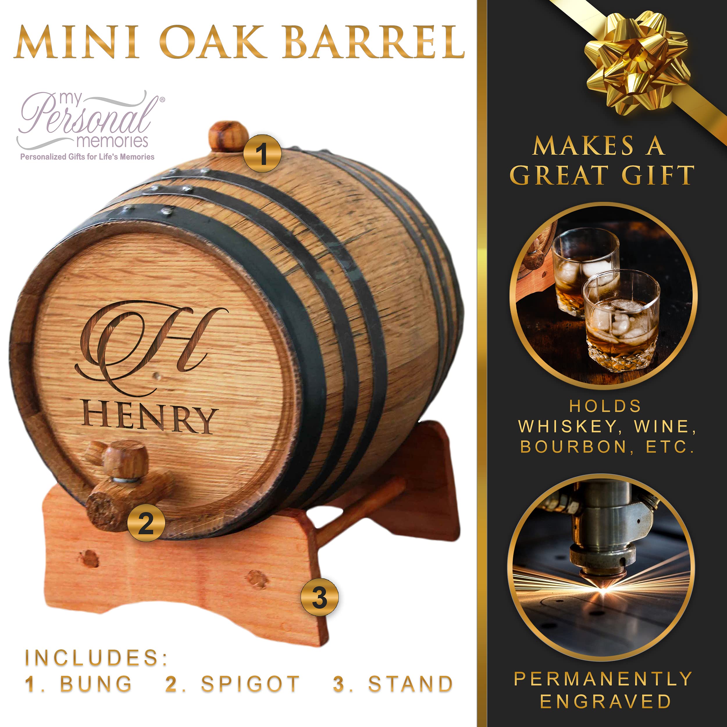 Custom Engraved and Personalized Whiskey Wine Scotch Bourbon Mini Oak Barrel - Complete Aging Kit - MPM Styles (2 Liter Barrel)