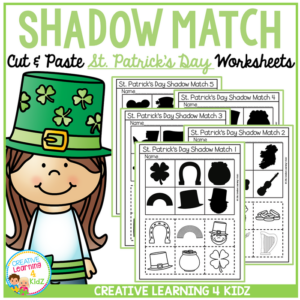 shadow matching st. patrick's day cut & paste worksheets