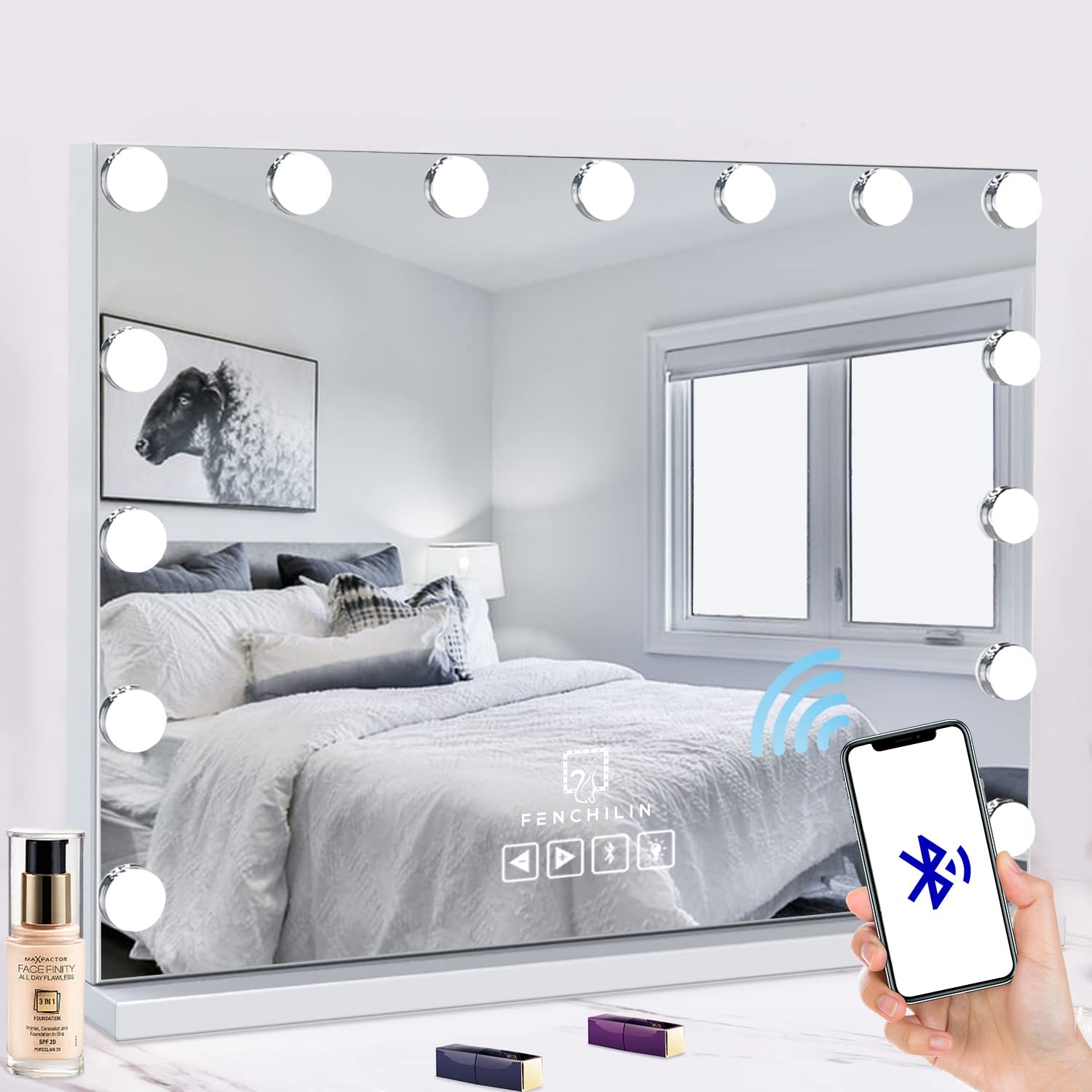 FENCHILIN Vanity Mirror with Lights and Speaker Hollywood Lighted Makeup Mirror with 15 Dimmable LED Bulbs for Dressing Room & Bedroom, Tabletop or Wall-Mounted