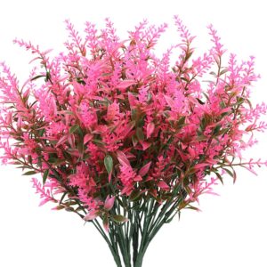 klemoo artificial lavender flowers plants 8 pieces, lifelike uv resistant fake shrubs greenery bushes bouquet to brighten up your home kitchen garden indoor outdoor decor(pink)