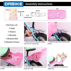 DRBIKE Doll Bike Seat Bicycle Seat with Decorate Yourself Decals for Girls Bike, Doll Carrier Fits Standard Sized Dolls and Stuffed Animals, Bike Attachment, Kids Bike Accessories Pink