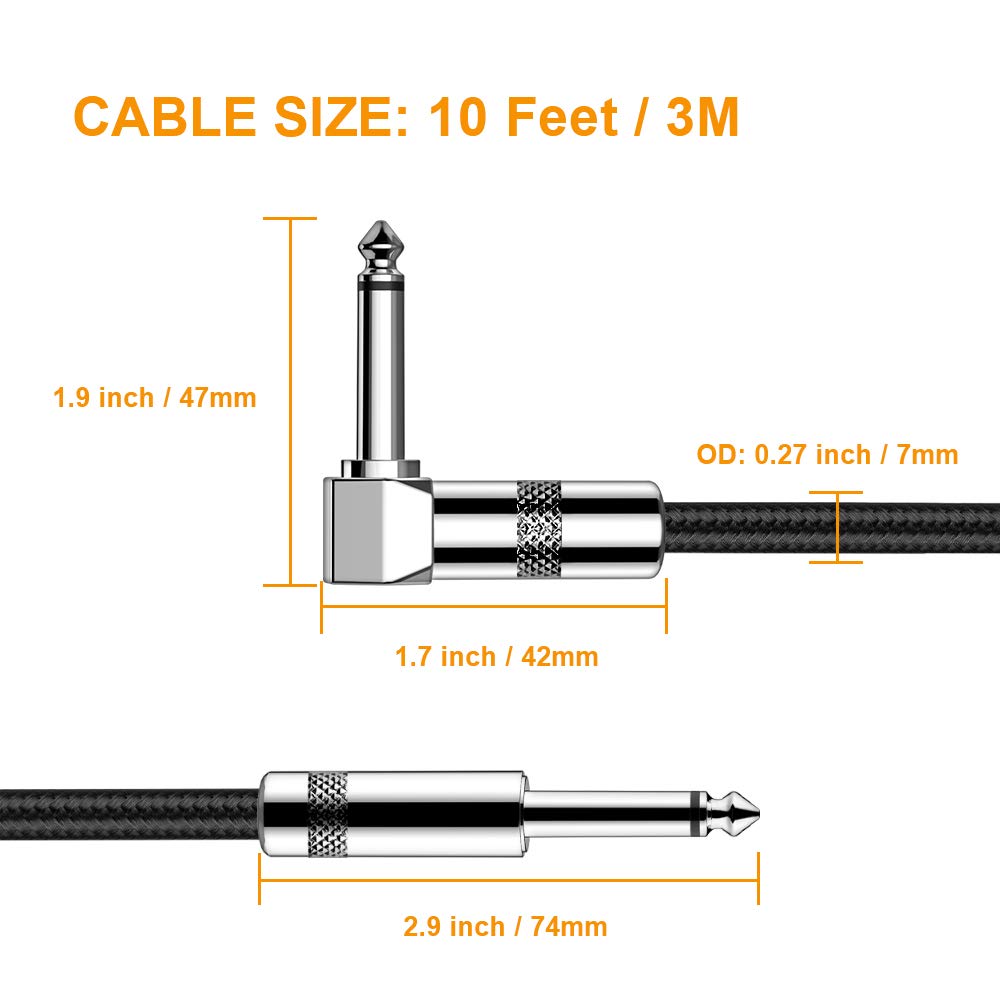 F FEYCH Guitar Cable 10FT Right Angle 1/4 Inch TS to Straight 1/4 Inch TS Electric Guitar and Bass Audio Cord Professional Instrument Cable for Electric Guitar, Bass, Keyboard, Amplifier, Pro Audio