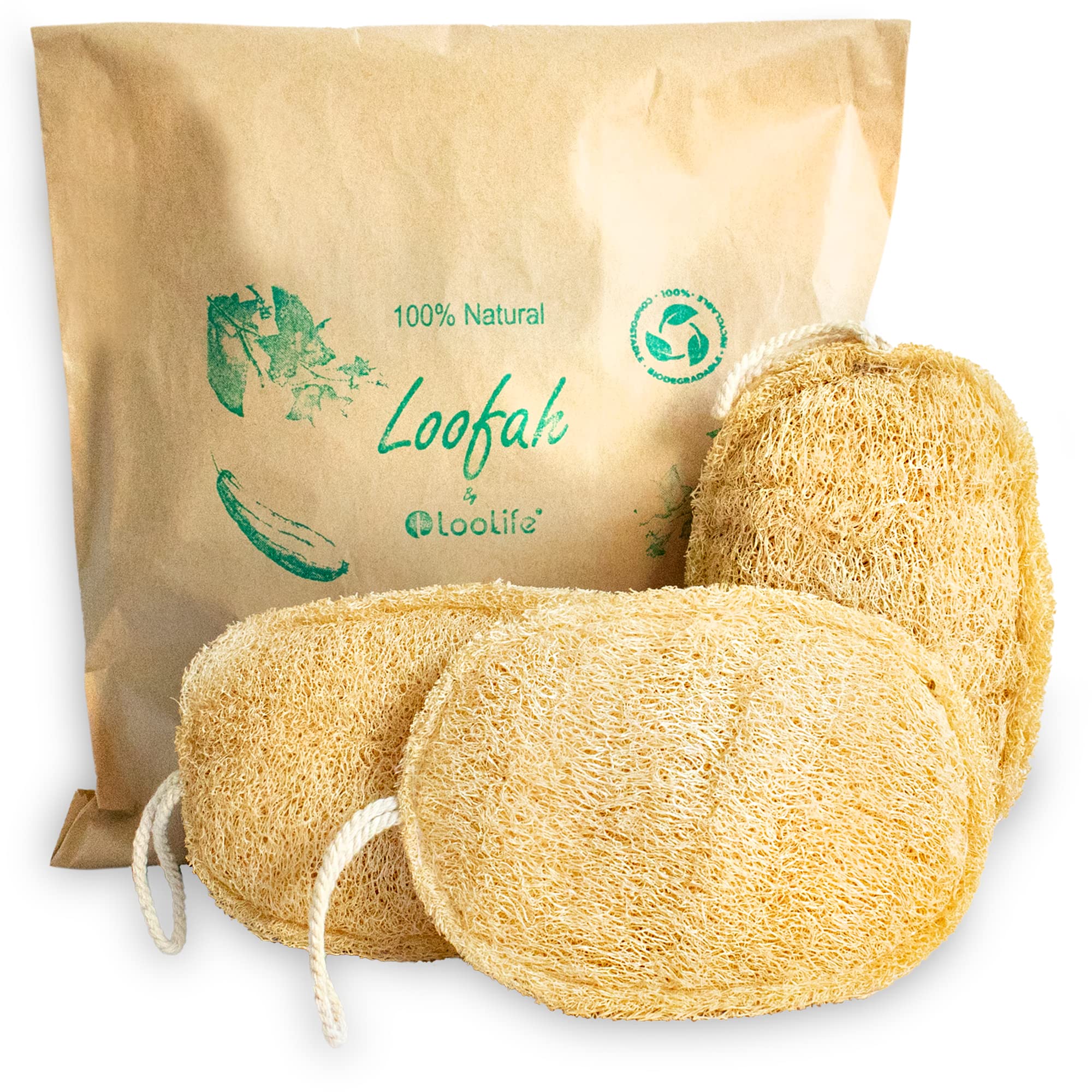 Natural Loofah Exfoliating Sponge (3 Pack) - Loofa Body Scrubber - Loofah Sponge - Loofah Exfoliating Body Scrubber - Organic Loofah - Shower Luffa Sponges - Exfoliating Loofah - Biodegradable Loofah