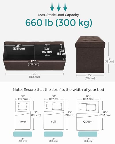 SONGMICS Storage Ottoman Bench, Foldable Ottoman Foot Rest, 15 x 43 x 15 Inches, End of Bed Bench, Storage Chest, Load up to 660 lb, for Living Room, Bedroom, Entryway, Chestnut Brown ULSF77BR