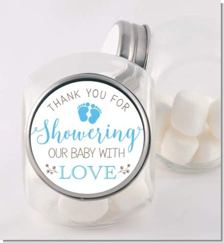 Baby Shower Stickers | Blue | Thank You for Showering Our Baby with Love | 48 Stickers - 1.67 Inches Round | Baby Shower Stickers for Boys | Pitter Patter - Tiny Baby Feet Baby Shower Labels