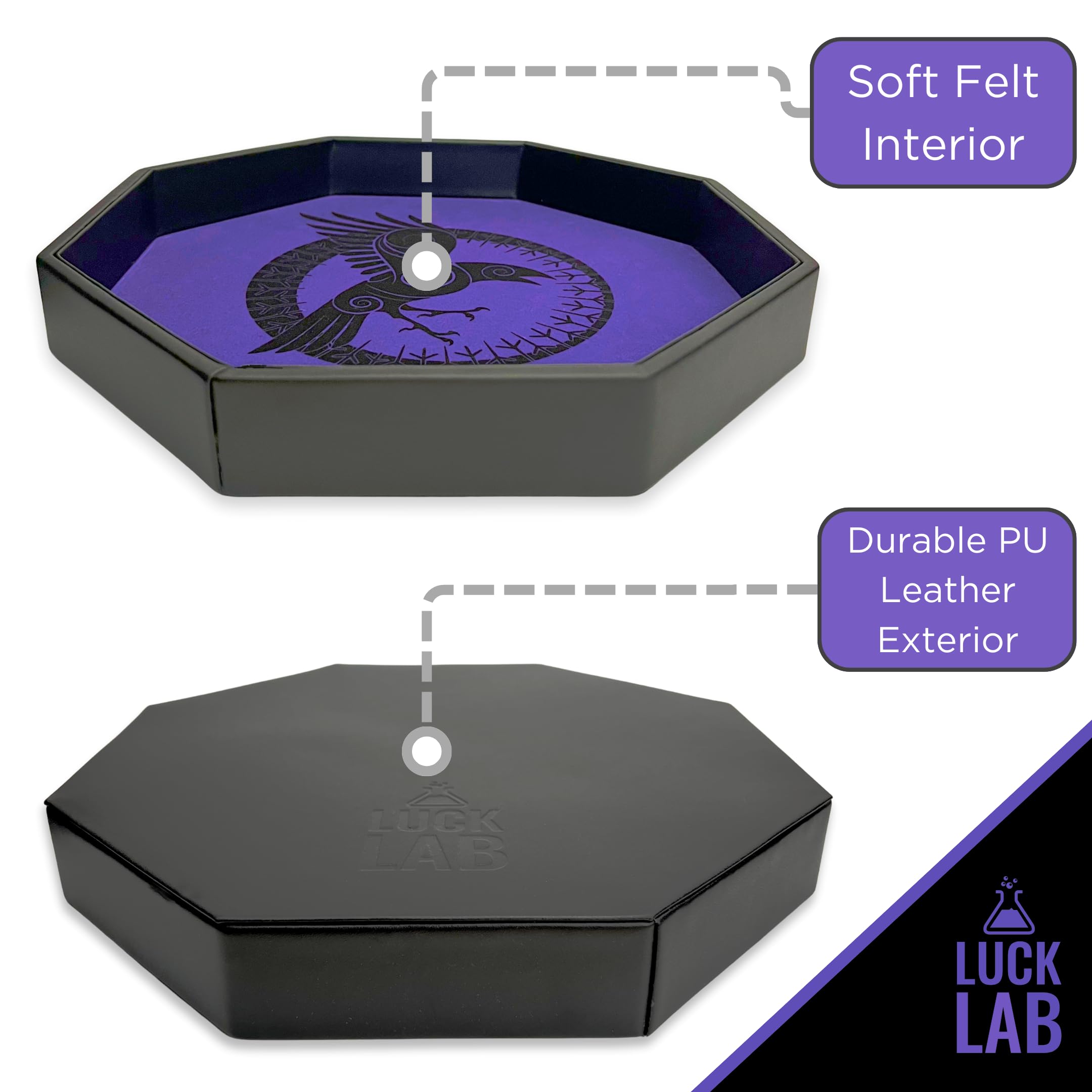 Luck Lab 11.5 Inch Dice Tray – Purple - Big Octagonal Dice Tray with Luxurious Rolling Area for RPG Table Top Gaming Like D&D - Raven Design