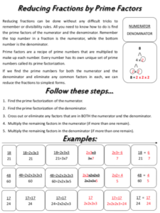 simplifying fractions or reducing fractions by using prime factorization skill