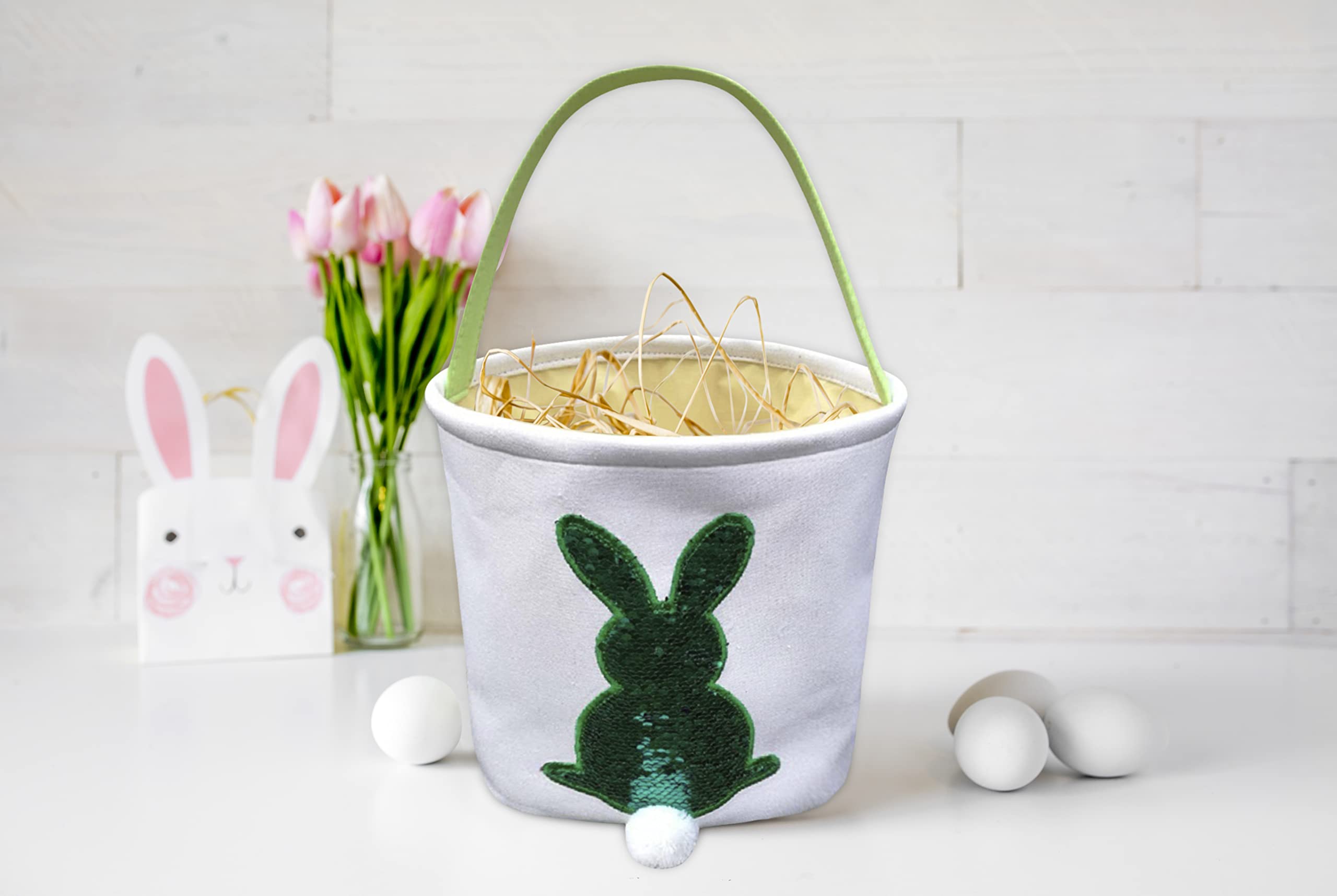 Jolly Jon Easter Bunny Basket Bag - Purple to Silver Sequin Colors - Kids Easter Egg Hunt Baskets - Color Changing Reusable Party Bags - Rabbit with Cotton Tail Canvas Tote