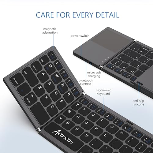 Acoucou Foldable Bluetooth Keyboard, Wireless Bluetooth Keyboard with Touchpad, Pocket Size USB Rechargeable Bluetooth Keyboard Compatible with iOS, Windows, Android Smartphones, Tablets, Laptops etc