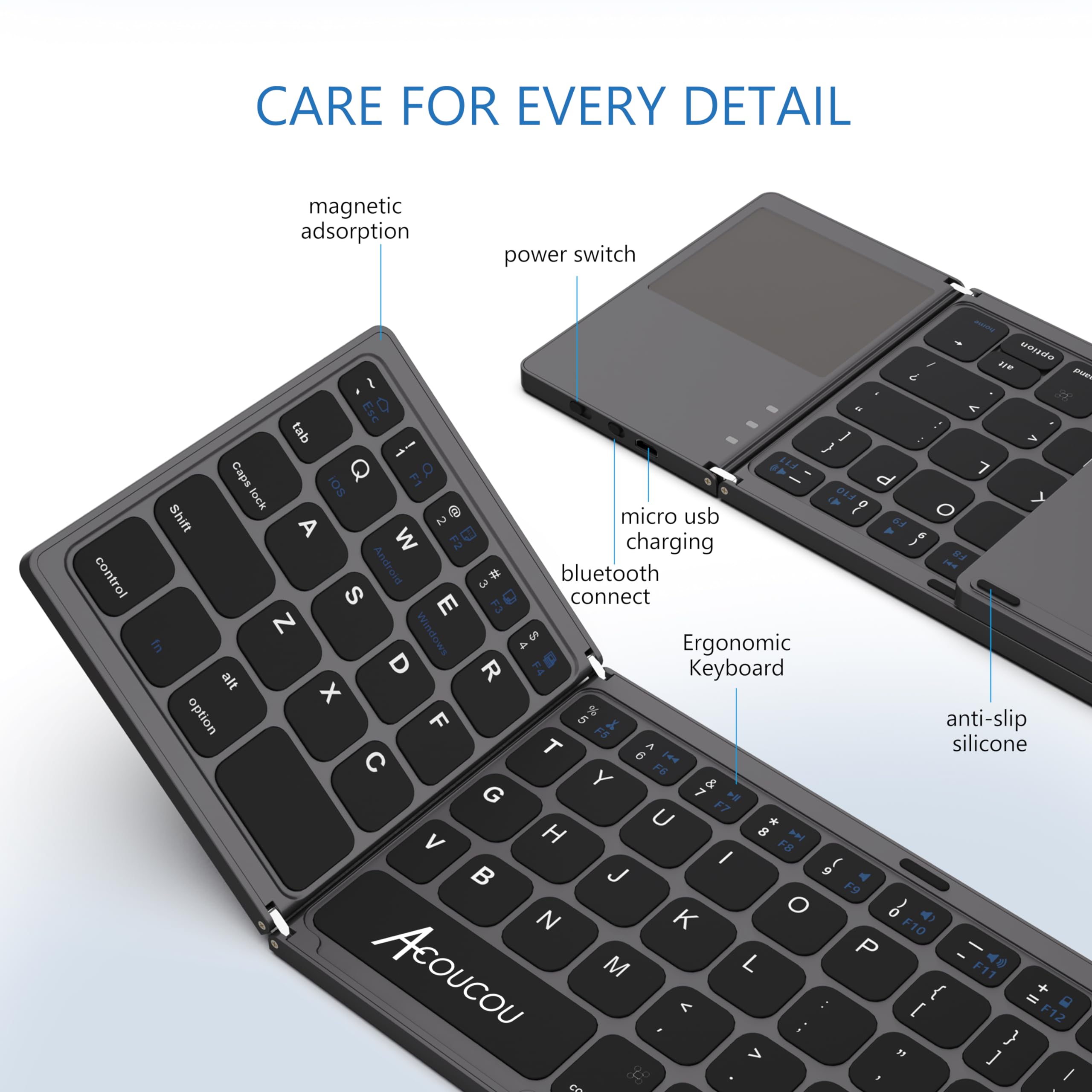 Acoucou Foldable Bluetooth Keyboard, Wireless Bluetooth Keyboard with Touchpad, Pocket Size USB Rechargeable Bluetooth Keyboard Compatible with iOS, Windows, Android Smartphones, Tablets, Laptops etc